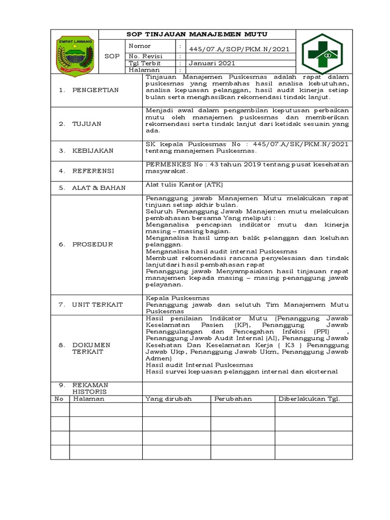 Sop Tinjauan Manajemen Mutu 2021 | PDF