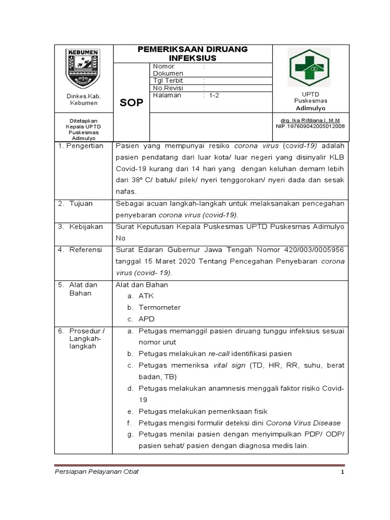 SOP PEMERIKSAAN Ruang Infeksius | PDF