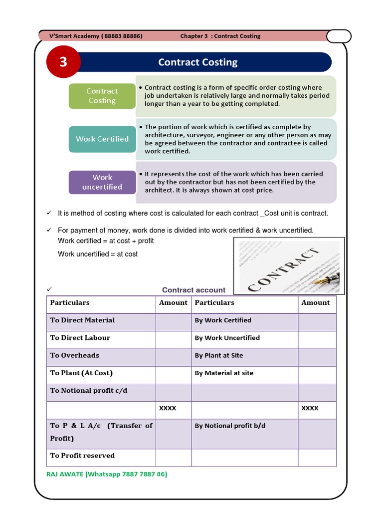 Contract Costing 1 Day Revision Notes | PDF | Cost | Expense