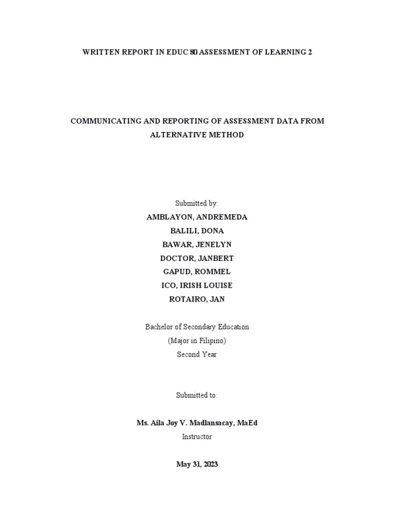 Written Report in Educ 80 Assessment of Learning 2 Group 5 | Download Free PDF | Learning ...