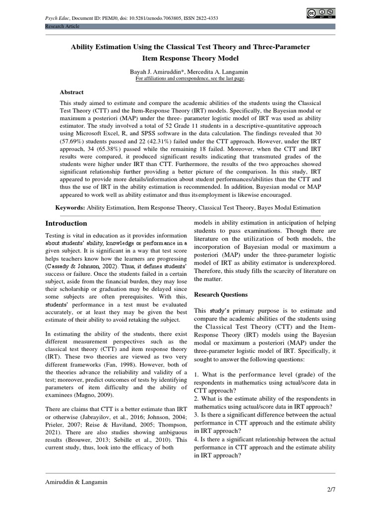 Ability Estimation Using The Classical Test Theory And Three Parameter Item Response Theory