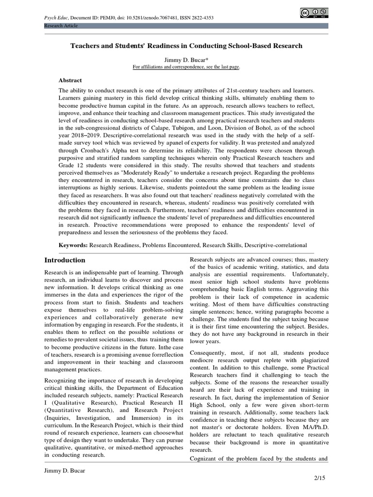 Teachers and Students' Readiness in Conducting School-Based Research | PDF | Methodology ...