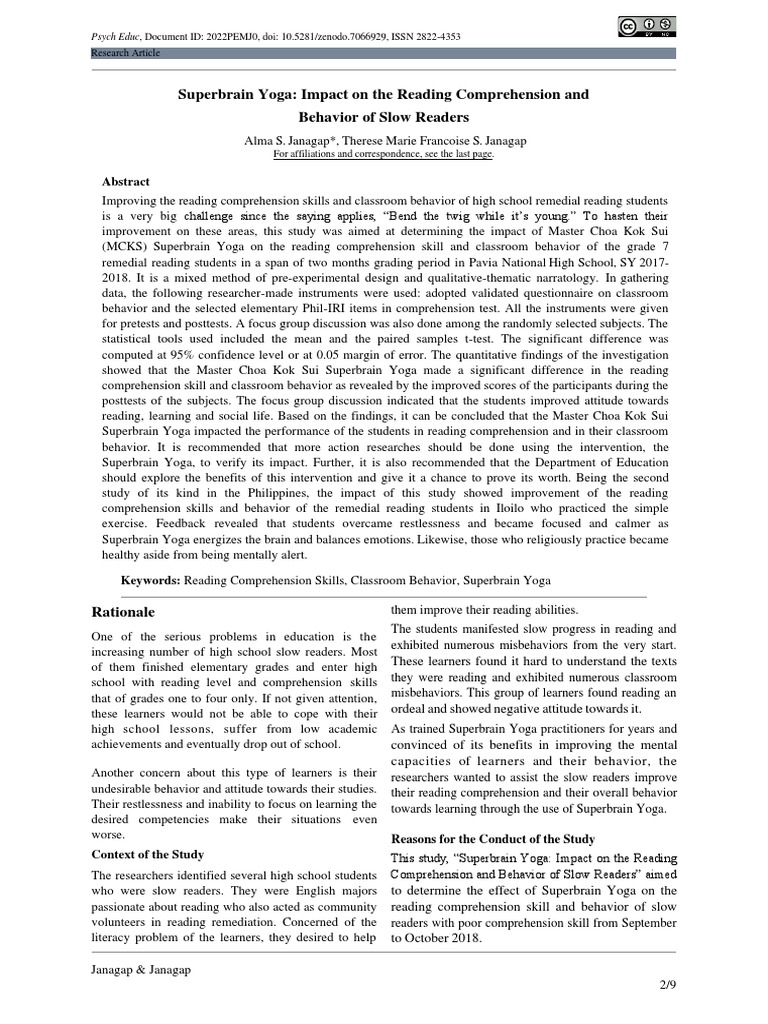 Superbrain Yoga: Impact On The Reading Comprehension and Behavior of ...