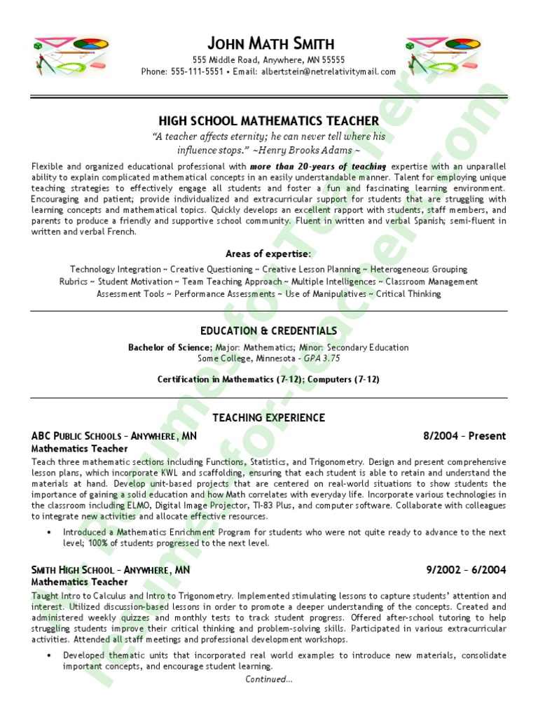 High School Math Teacher Resume Sample | PDF | Teachers | Mathematics