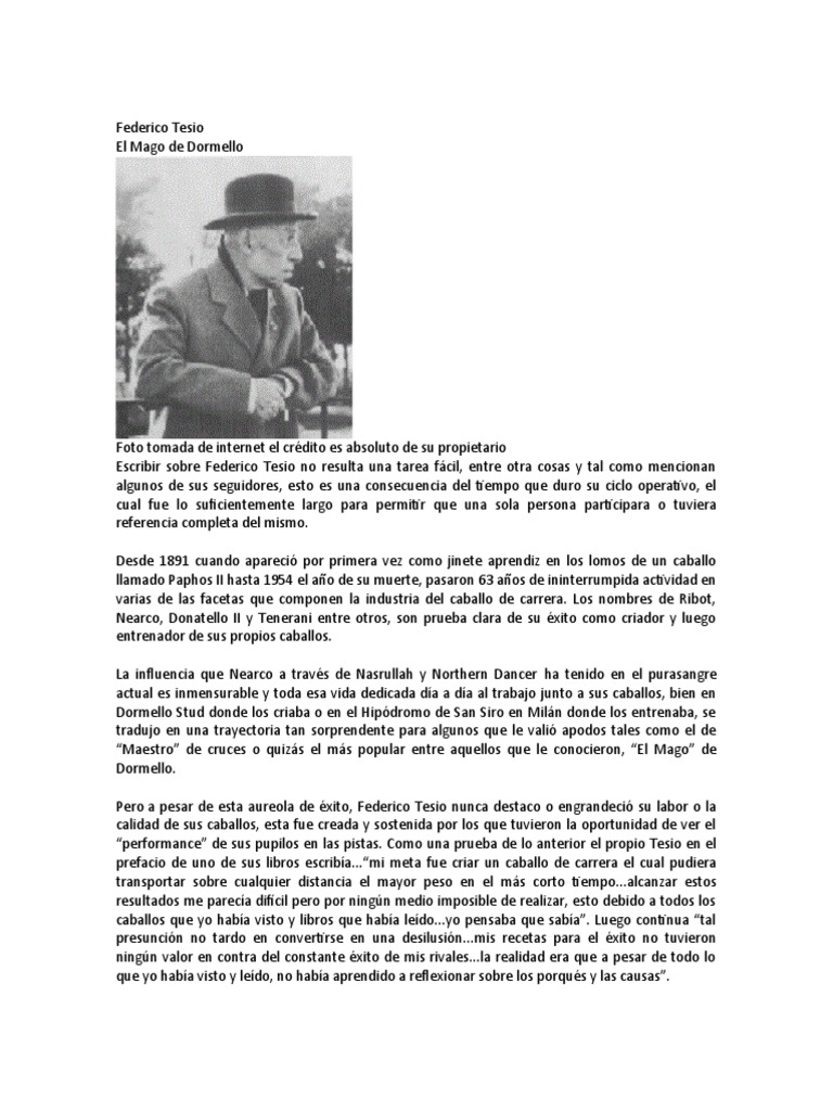 Federico Tesio y algunos de sus caballos | PDF | Caballos | Equus (Género)