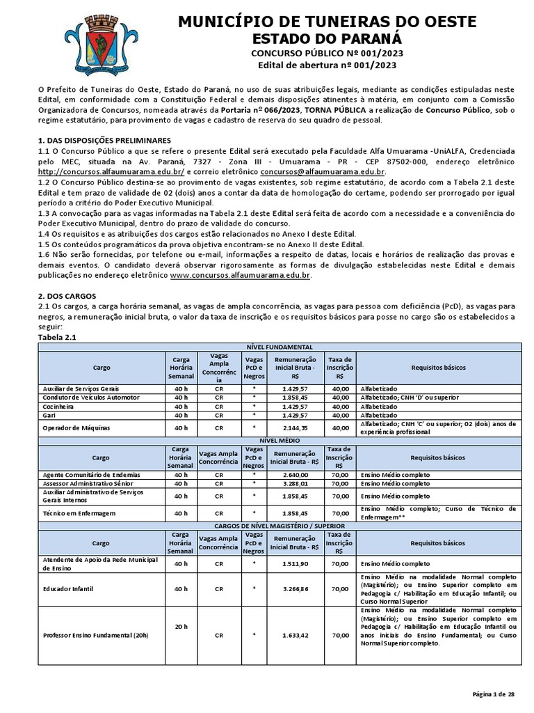 Edital Tuneiras Do Oeste PR 2023 | PDF