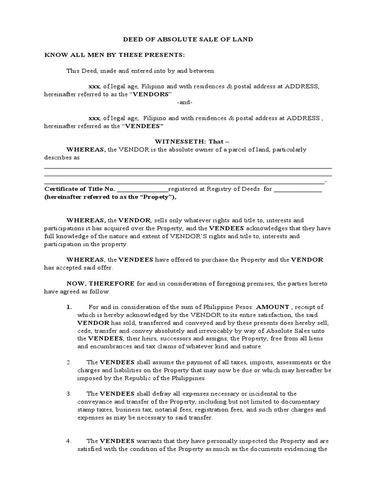 DEED OF ABSOLUTE SALE OF LAND | PDF | Deed | Taxes