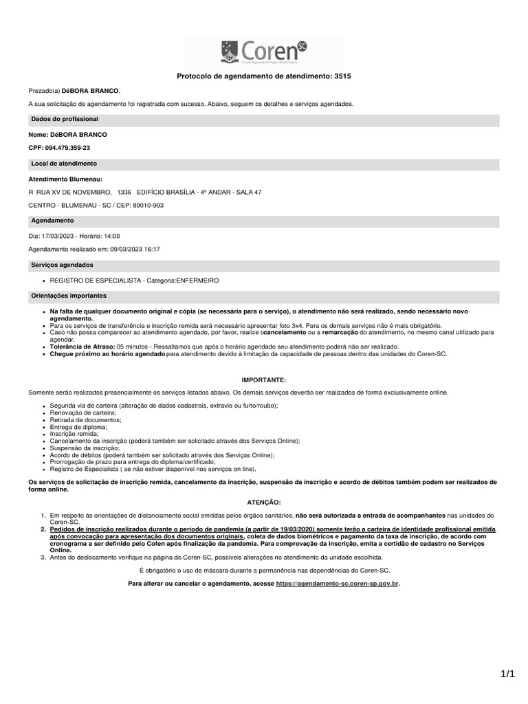 Protocolo Corensp Agendamento | PDF