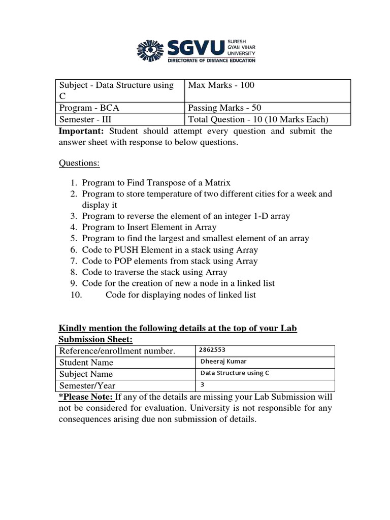 BCA Sem 3 Data Structure Using C Lab Test Question | PDF | Teaching ...