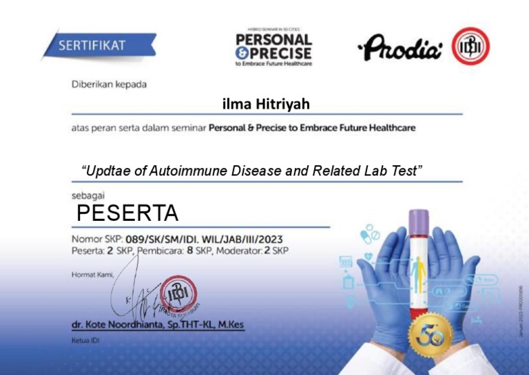 Sertifikat Ilma Hitriyah Semnas Autoimun Prodia 2023 | PDF
