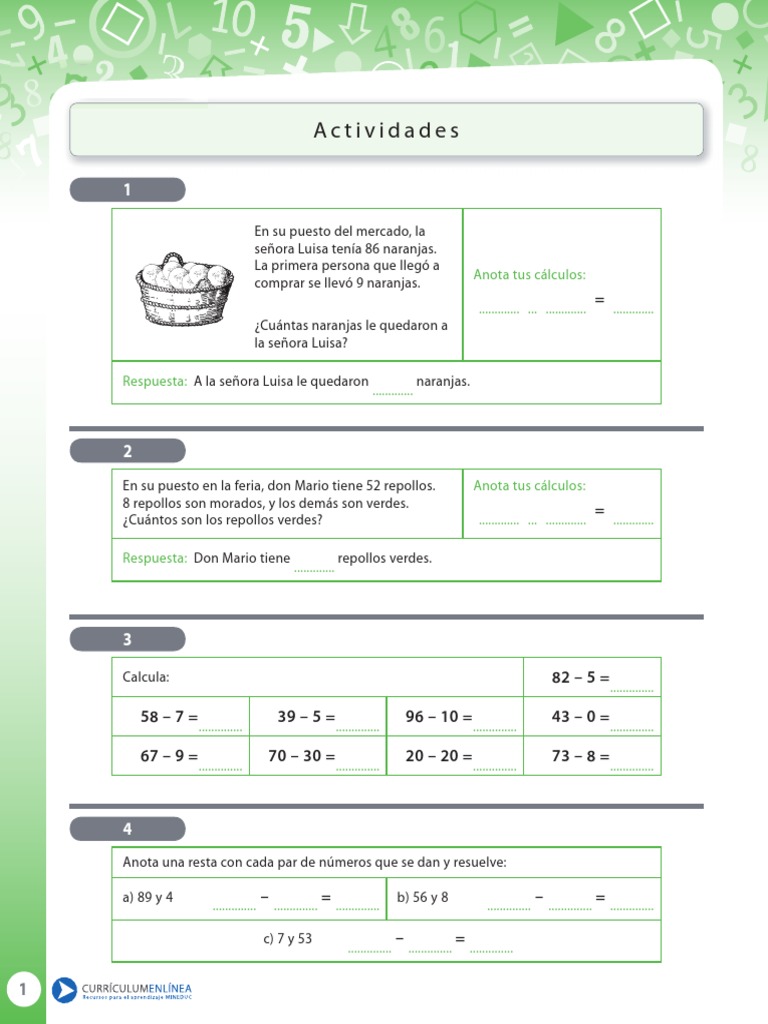 Resolución de problemas de sustracción con números menores a 100 | PDF