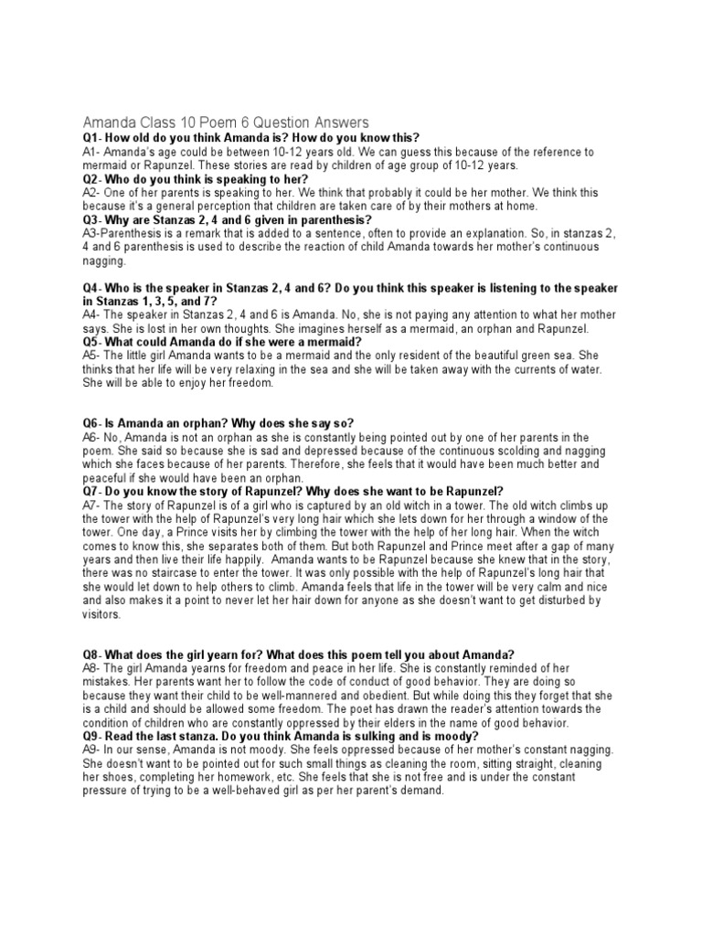 Amanda Class 10 Poem 6 Question Answers | PDF | Rapunzel