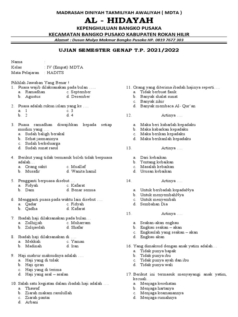 UJIAN SEMESTER GENAP 2022 Al Hidayah Mdta | PDF