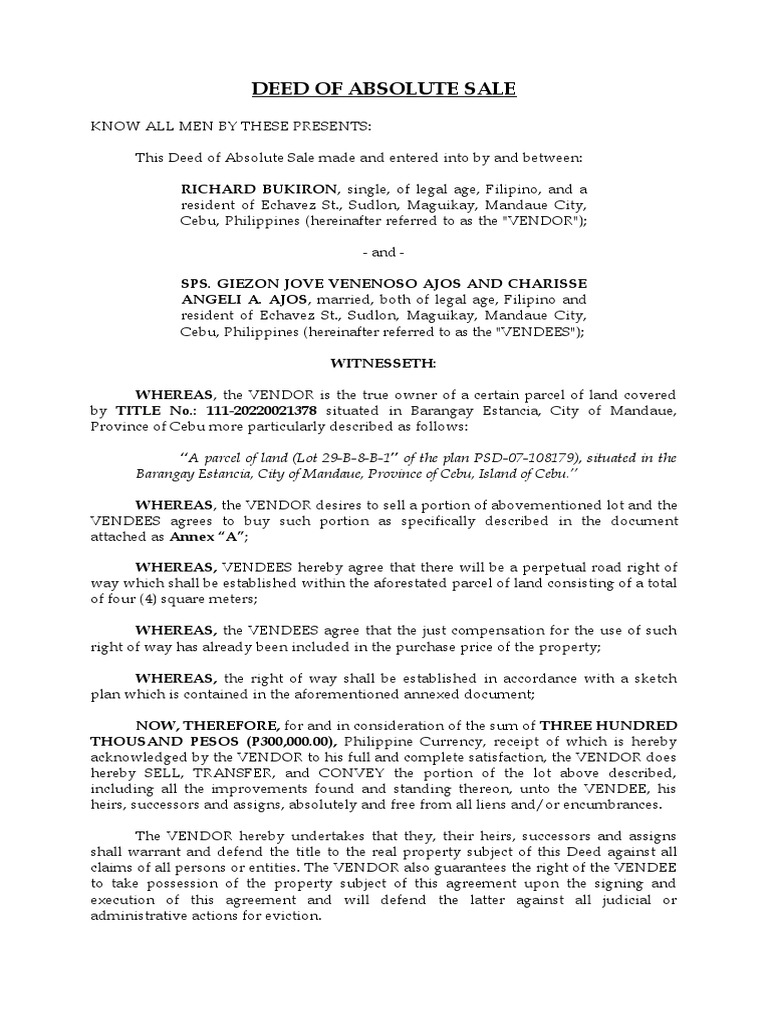 Deed of Absolute Sale 2 | PDF | Common Law | Civil Law (Common Law)