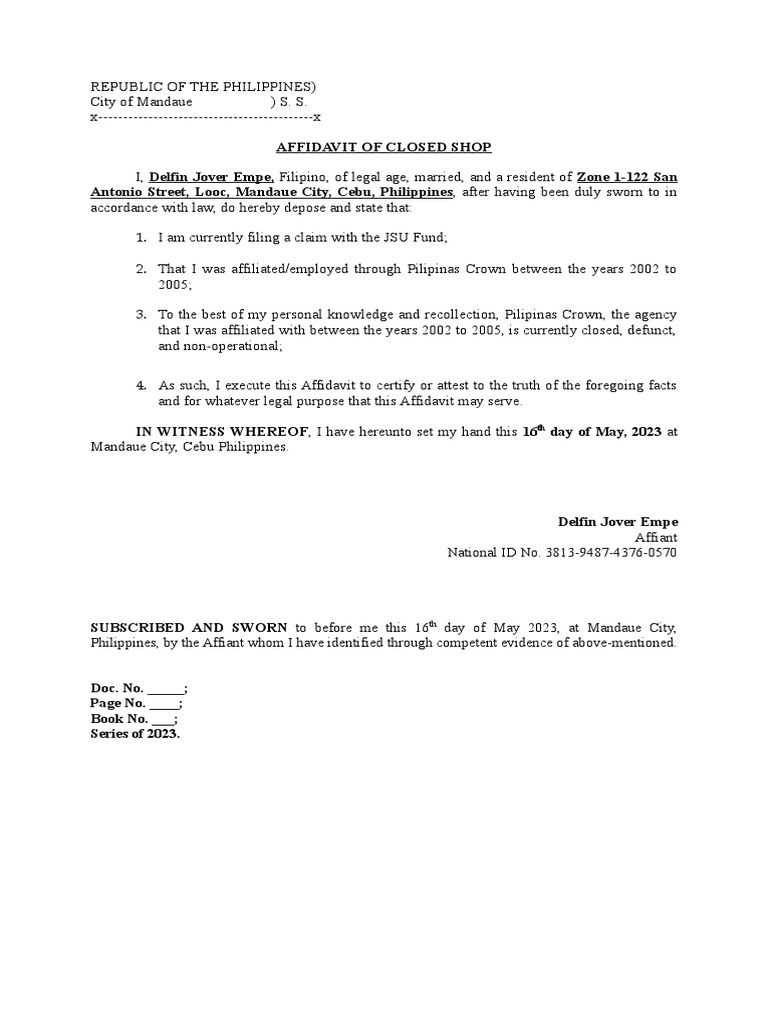 Affidavit of Closed Shop | PDF | Law