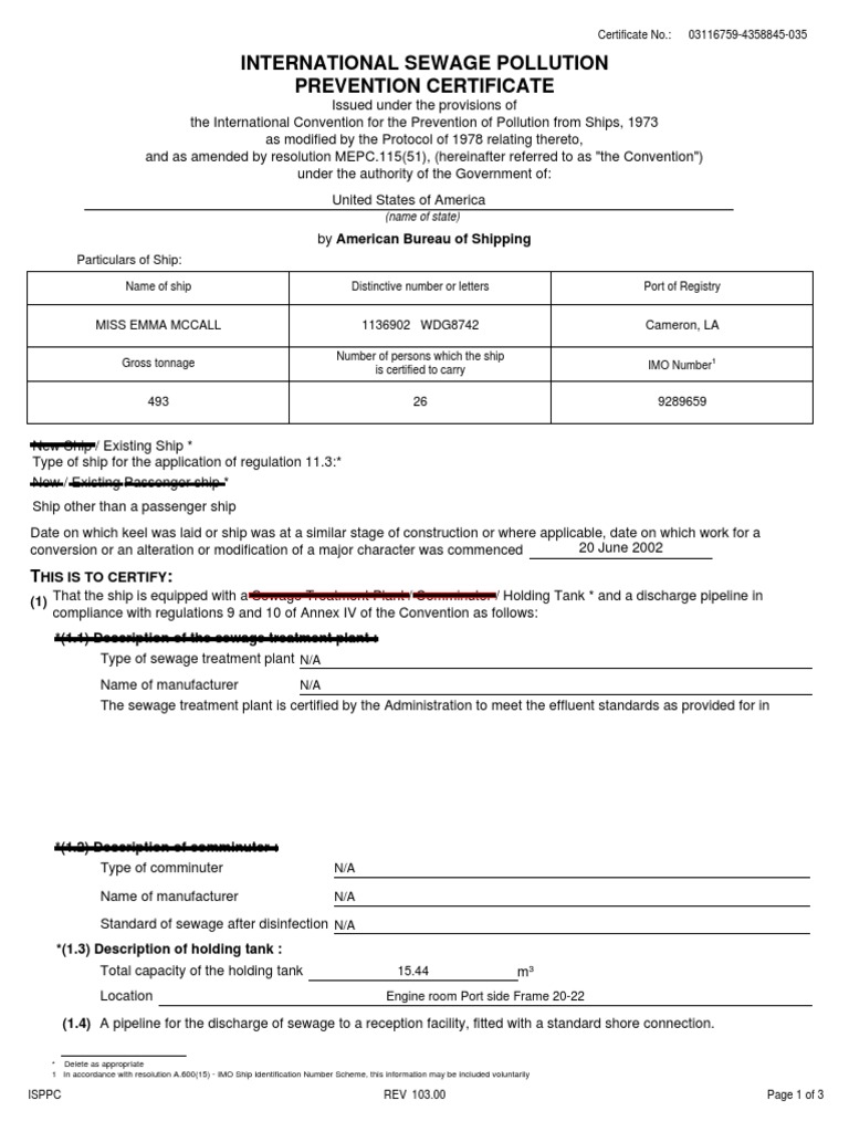 Int Sewage Pollution Prevention Cert | PDF | Sewage Treatment | Shipping