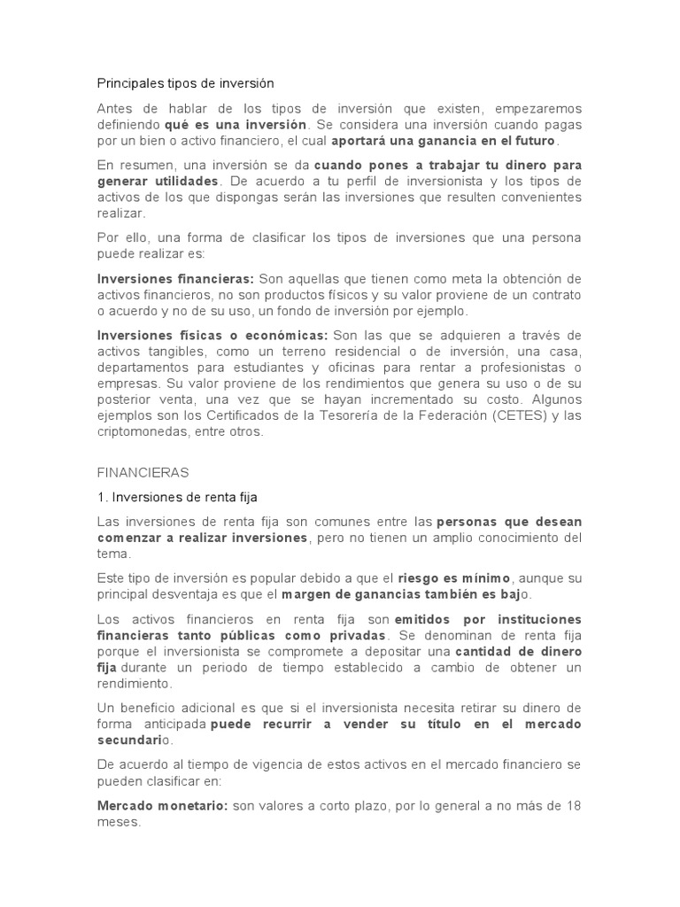 Tipos de Inversiones Financieras y Físicas | PDF | Inversiones ...