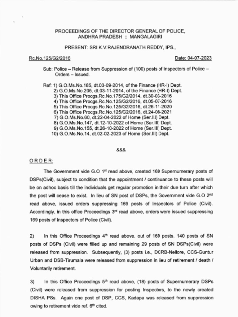 CCC Release of 100 Supernumerary DSP Posts in AP | PDF