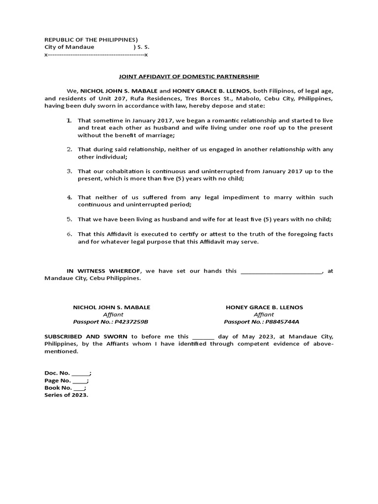 Joint Affidavit of Domestic Partnership | PDF