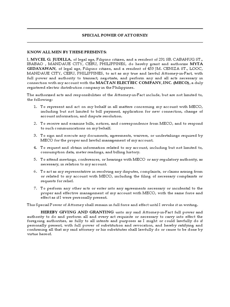 Mycel Judilla (Special Power of Attorney) | PDF | Power Of Attorney ... Mycel Judilla (Special Power of Attorney) | PDF | Power Of Attorney ...