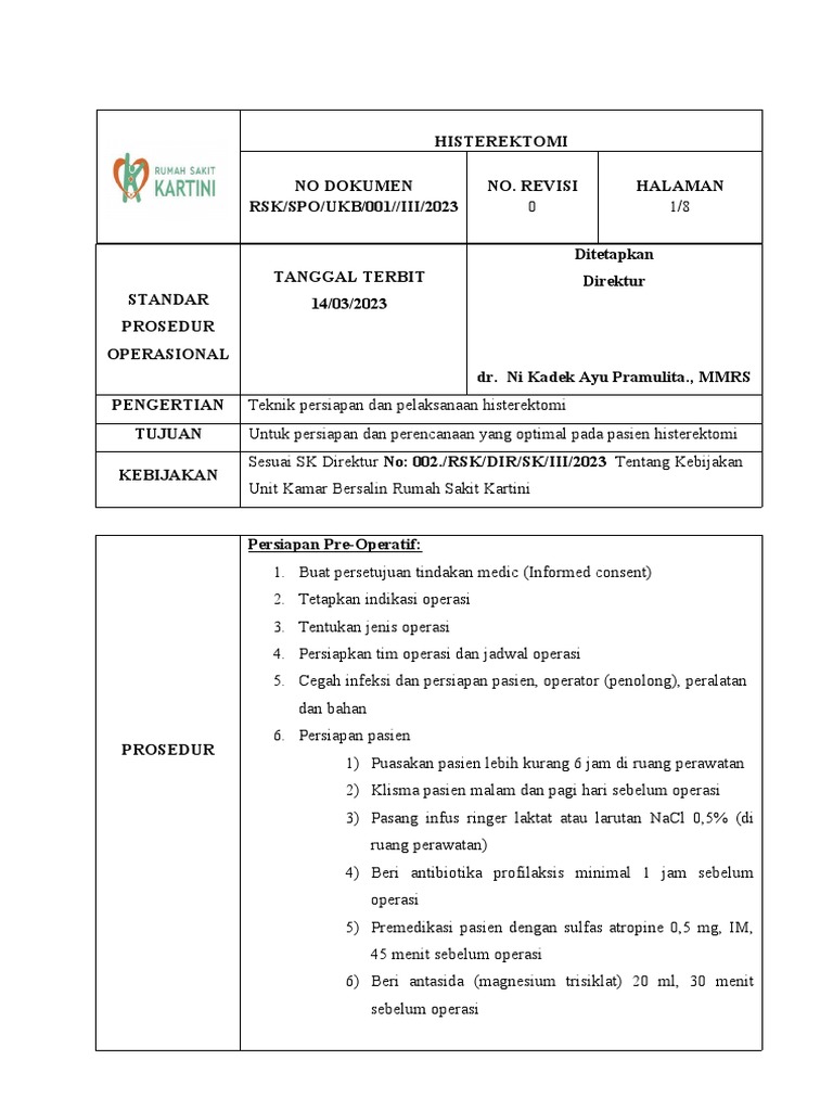 Prosedur Histerektomi Standar Operasional | PDF