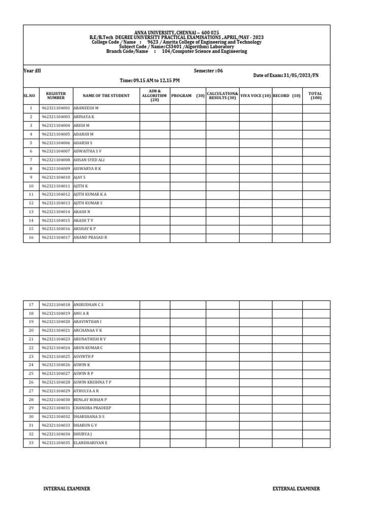 31-05-2023 CS3401 Algorithm Mark Split and Viva | PDF | Science