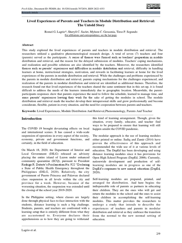 Lived Experiences of Parents and Teachers in Module Distribution and ...