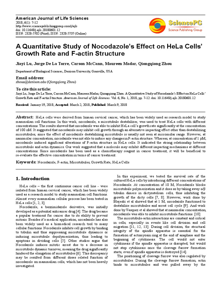 A Quantitative Study of Nocodazole's Effect On HeLa Cells' | PDF ...