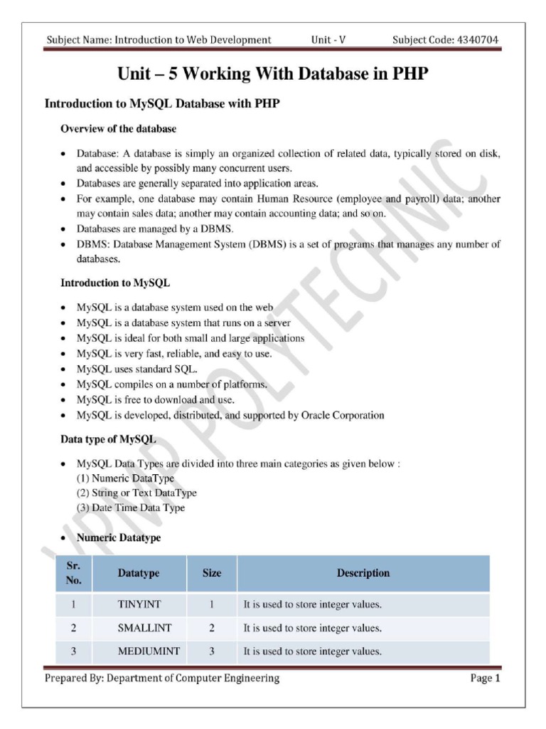 Iwd Unit 5 Working With Database | PDF