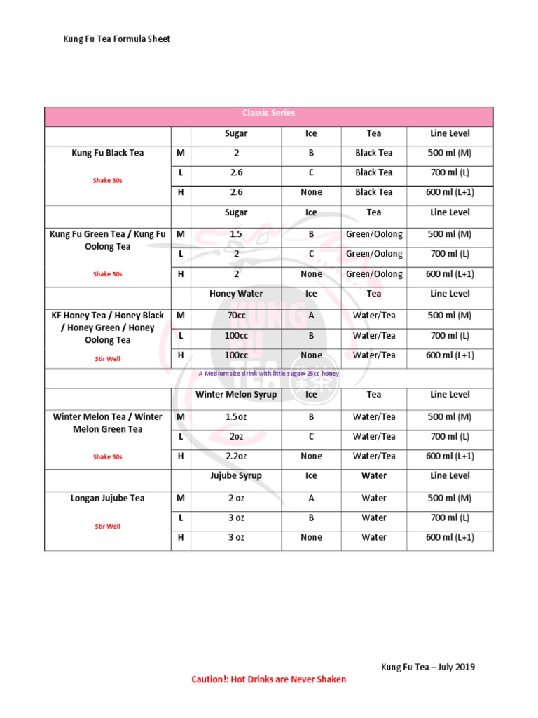 Kung Fu Tea Formula Sheet - July 2019 (Eng)(2) | PDF | Milkshake | Drink