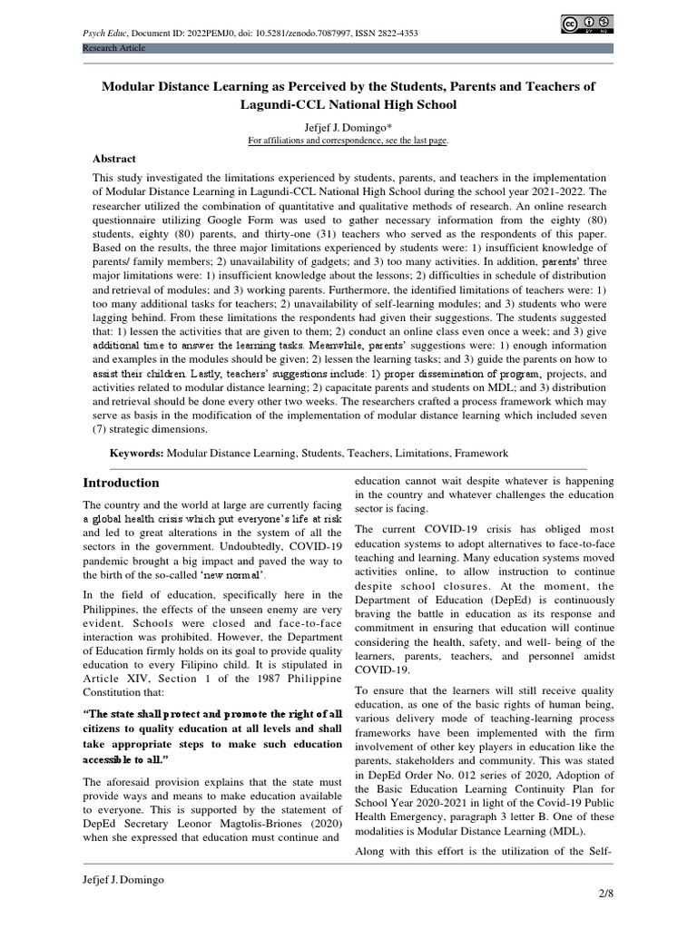 Modular Distance Learning As Perceived by The Students, Parents and Teachers of Lagundi-CCL ...