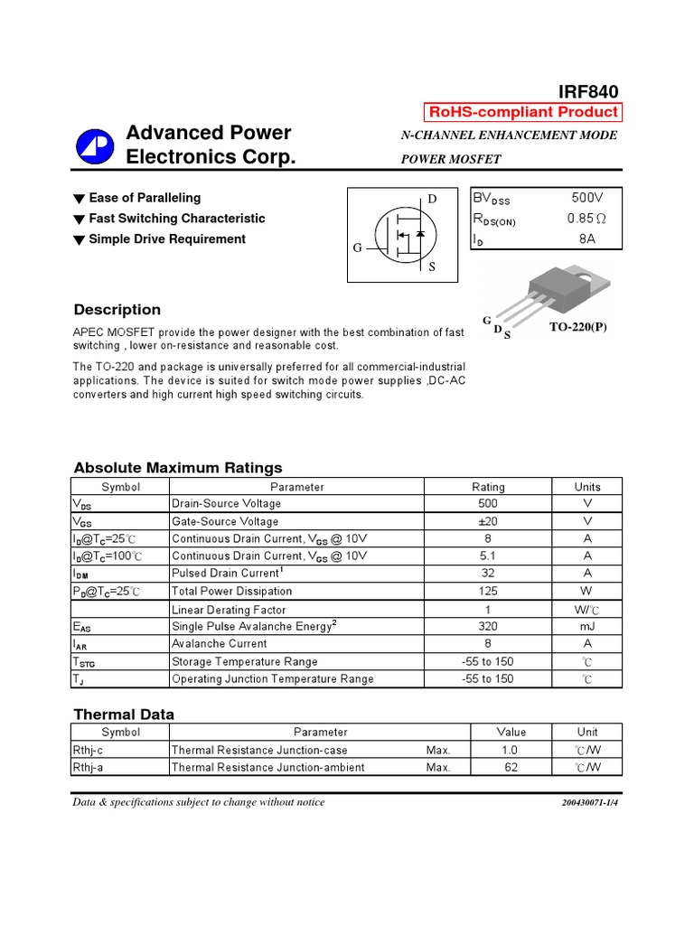 IRF840 AdvancedPowerElectronics | PDF | Field Effect Transistor | Mosfet