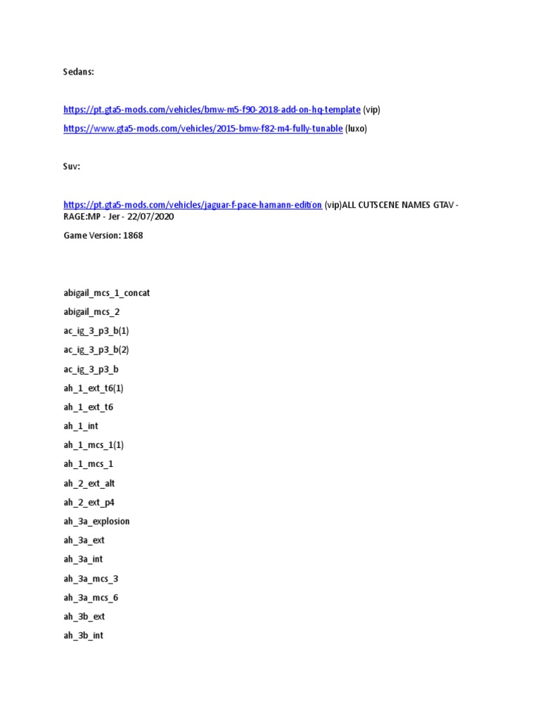 GTA V Vehicle Mods & Cutscene List | PDF | Car