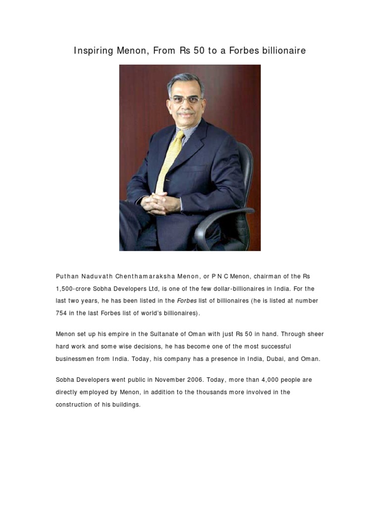 P N C Menon: From Rs 50 to Billionaire | PDF
