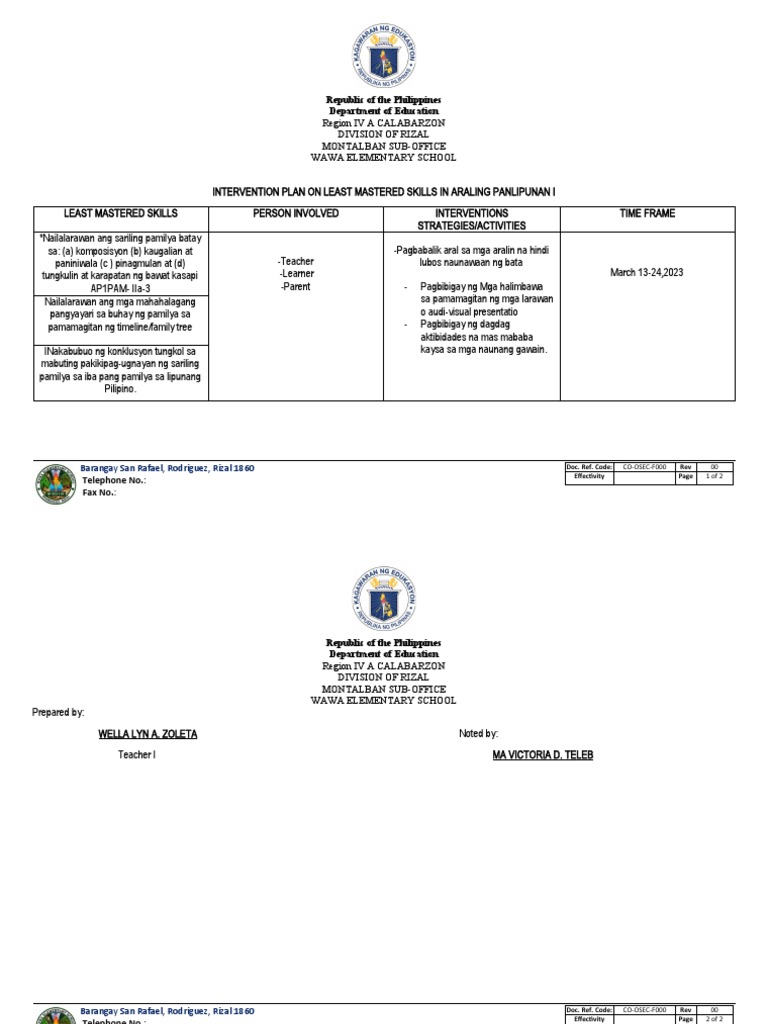 Intervention Plan MTB 1 | PDF