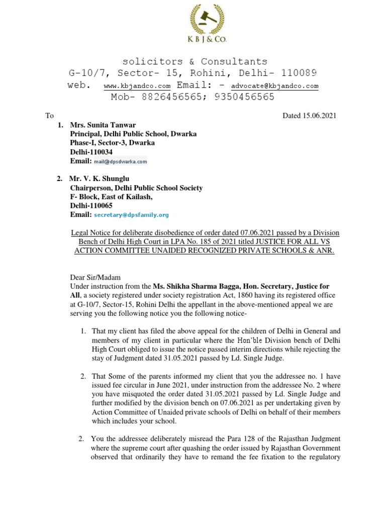 Legal Notice DPS Dwarka | PDF | Common Law | Political Law