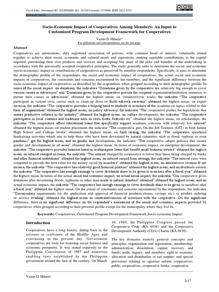 Socio-Economic Impact of Cooperatives Among Members: An Input To Customized Program Development ...