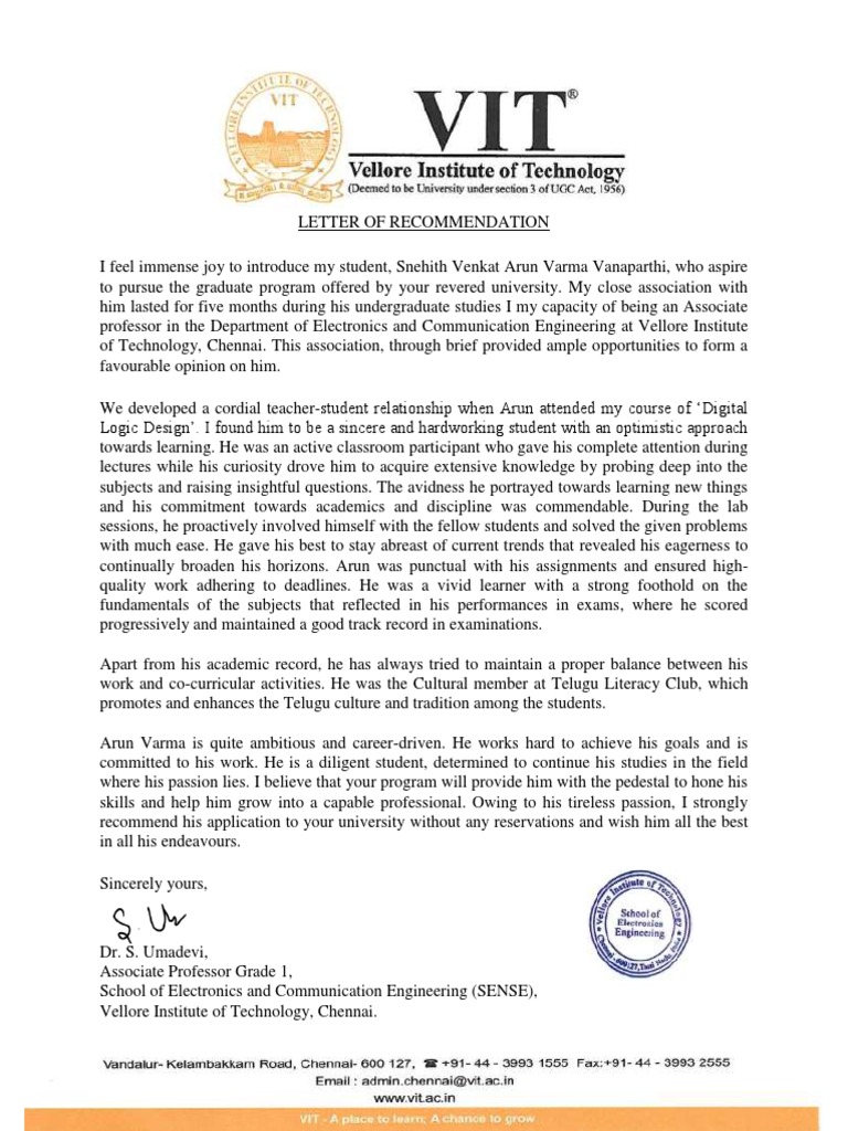 Arun Varma - LOR | PDF | Learning | Cognition