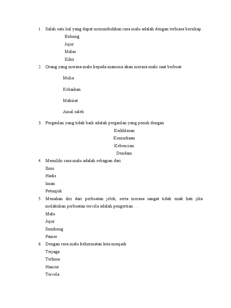Soal Jujur, Sopan Santun Dan Malu | PDF