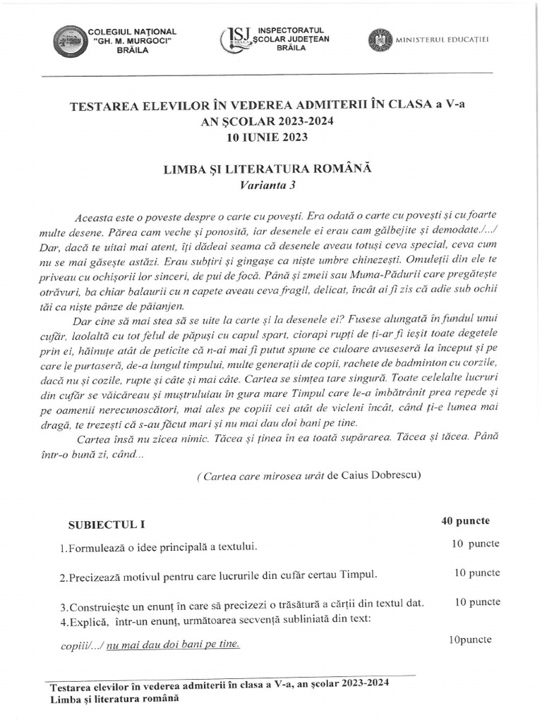 CLS 5 2023 Subiect Limba Romana | PDF