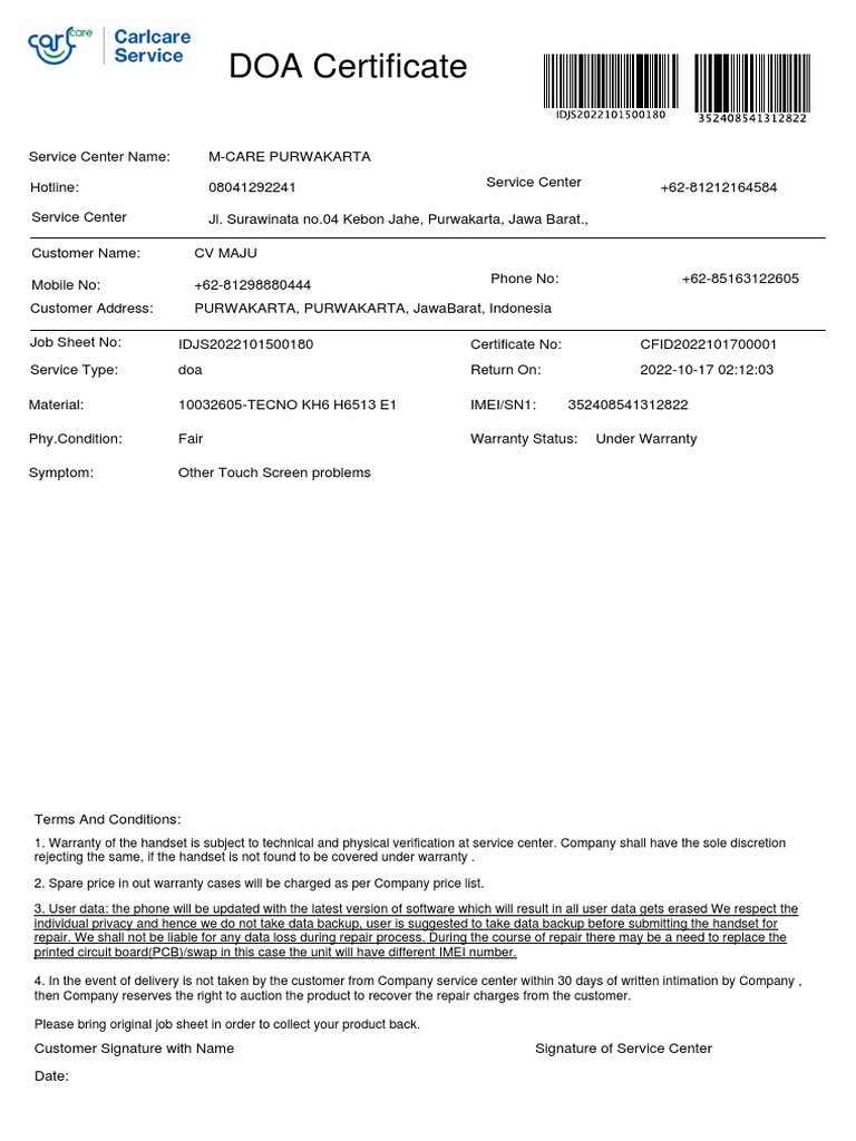 DOA Certificate | PDF