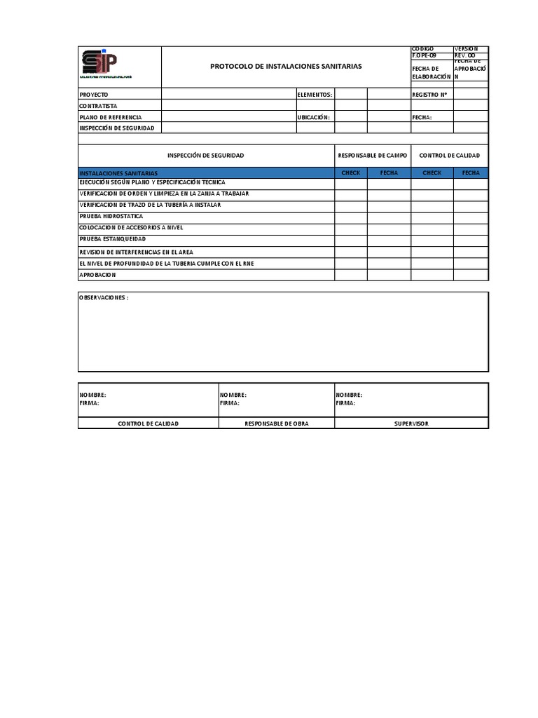 Protocolo de Instalaciones Sanitarias | PDF