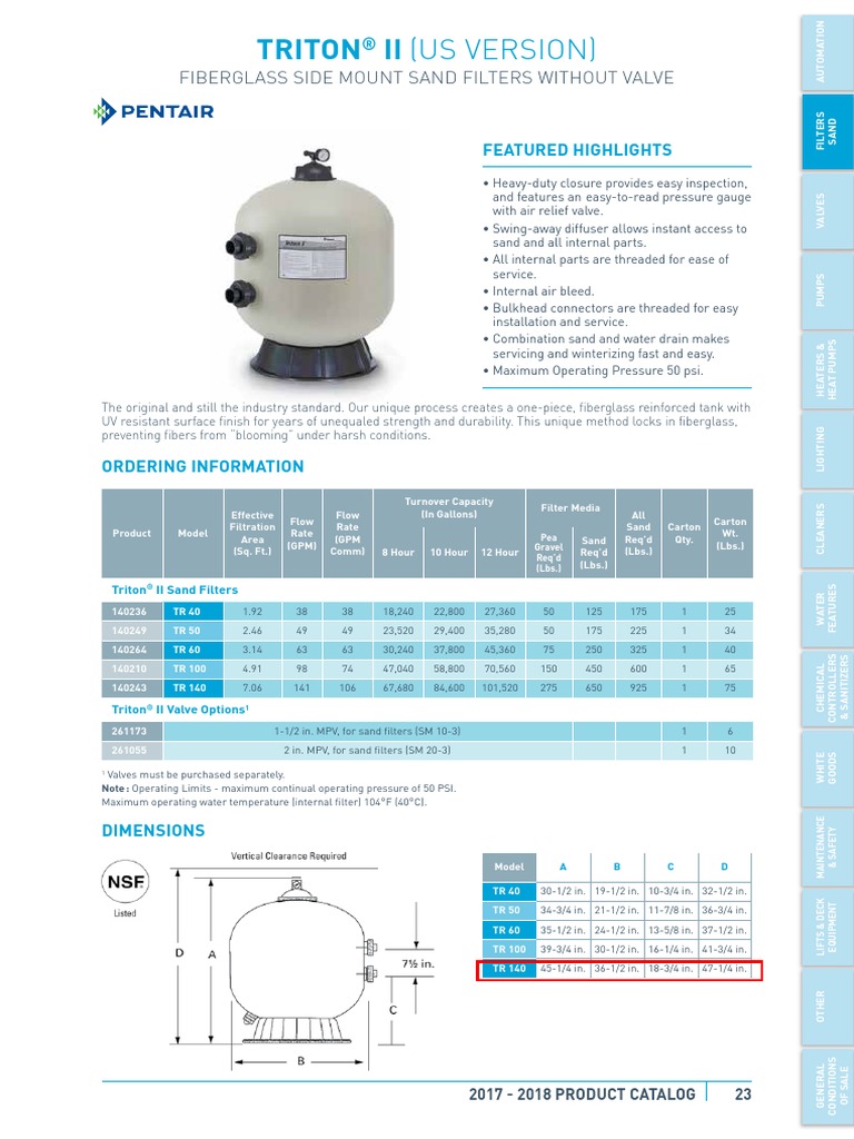 Triton TR140 PENTAIR SAND FILTER | PDF | Filtration | Fiberglass