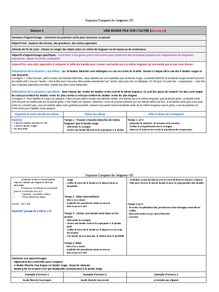Fiche de Prep Séquence COMPARER DES LONGUEURS GS | PDF