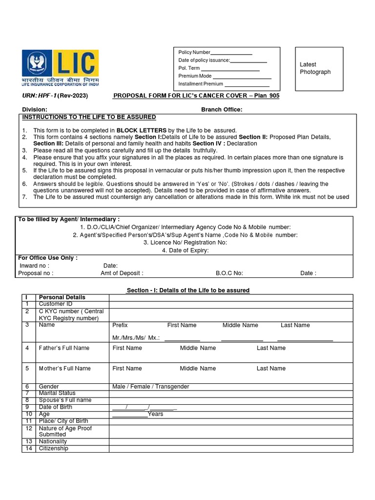 Cancer Cover Proposal Form Revised 2023 | PDF | Insurance | Life Insurance