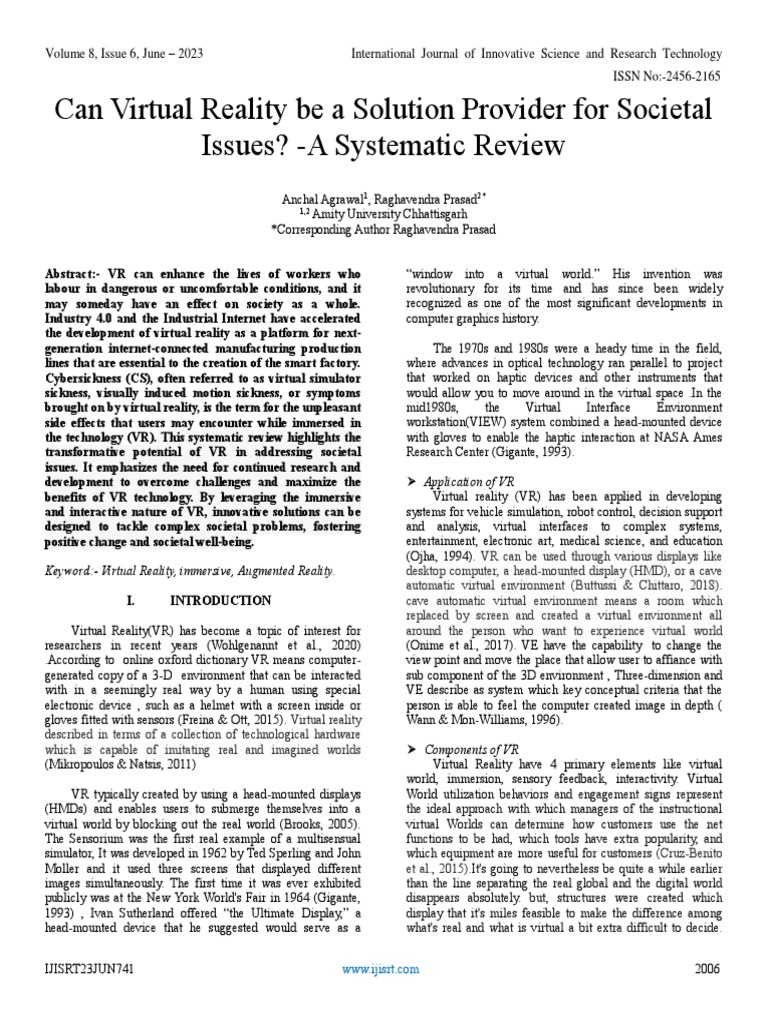 Can Virtual Reality Be A Solution Provider For Societal Issues? - A Systematic Review | PDF ...