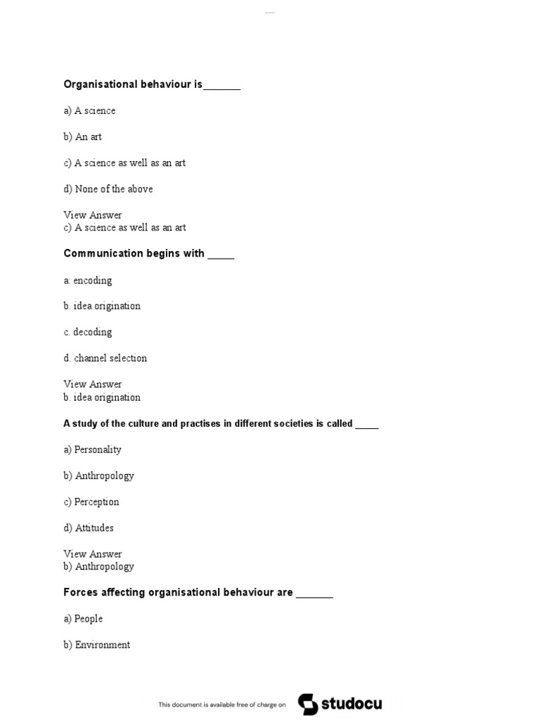 Obd Organizational Behavior Multiple Choice Question Answers | PDF ...