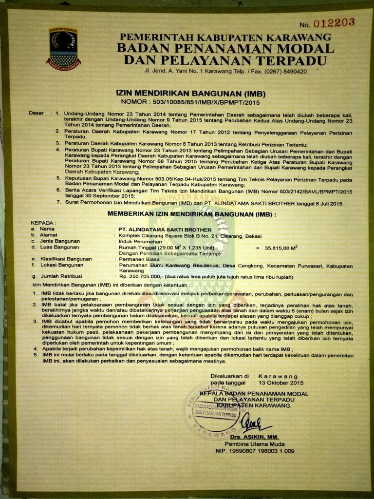 IMB PT. Alindatama Sakti di Karawang | PDF