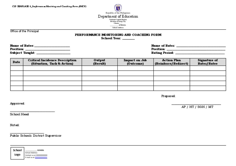 Cid Template 6 Performance Monitring And Coaching Form Pmcf 1 Pdf