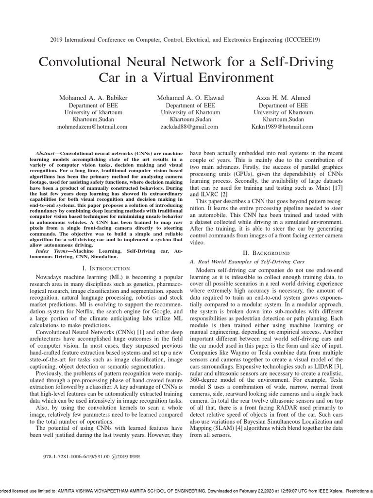 Convolutional Neural Network For A Self-Driving Car in A Virtual Environment | PDF | Deep ...